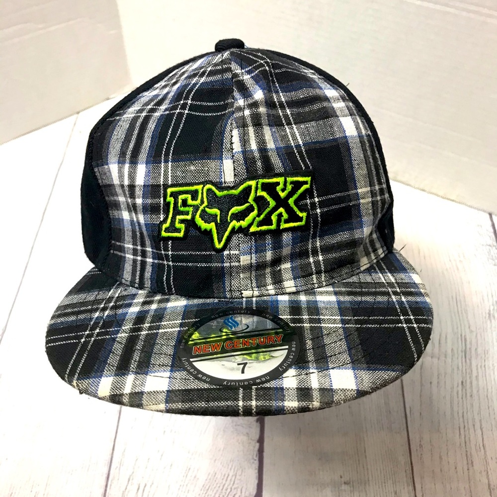Fox Racing Hat Black Plaid Neon Green Logo Sz 7 Fitte… - Gem